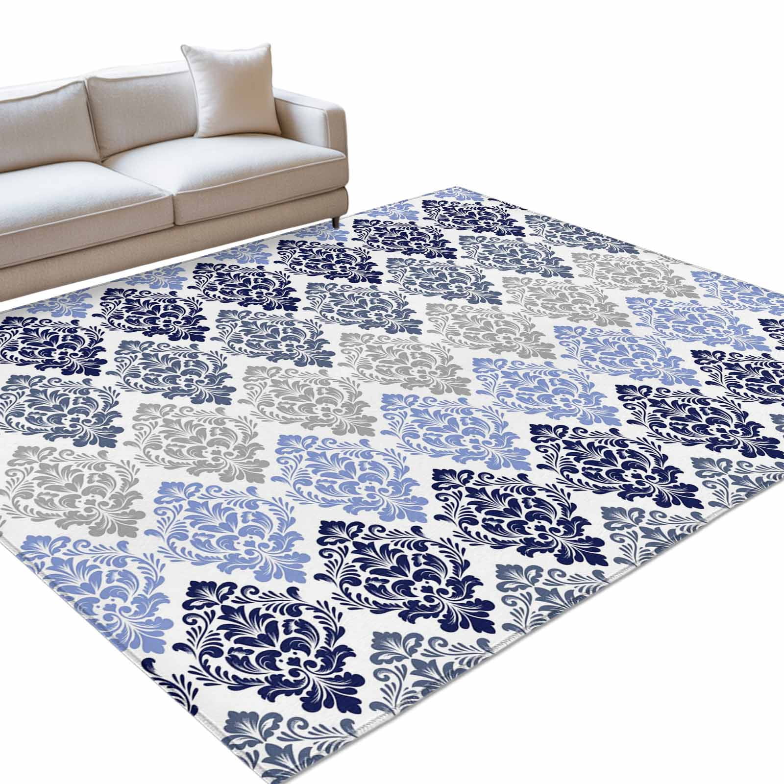 Blue Boho Flowers Washable Rug 5x7 Area Rug for Living Room Bedroom Non ...
