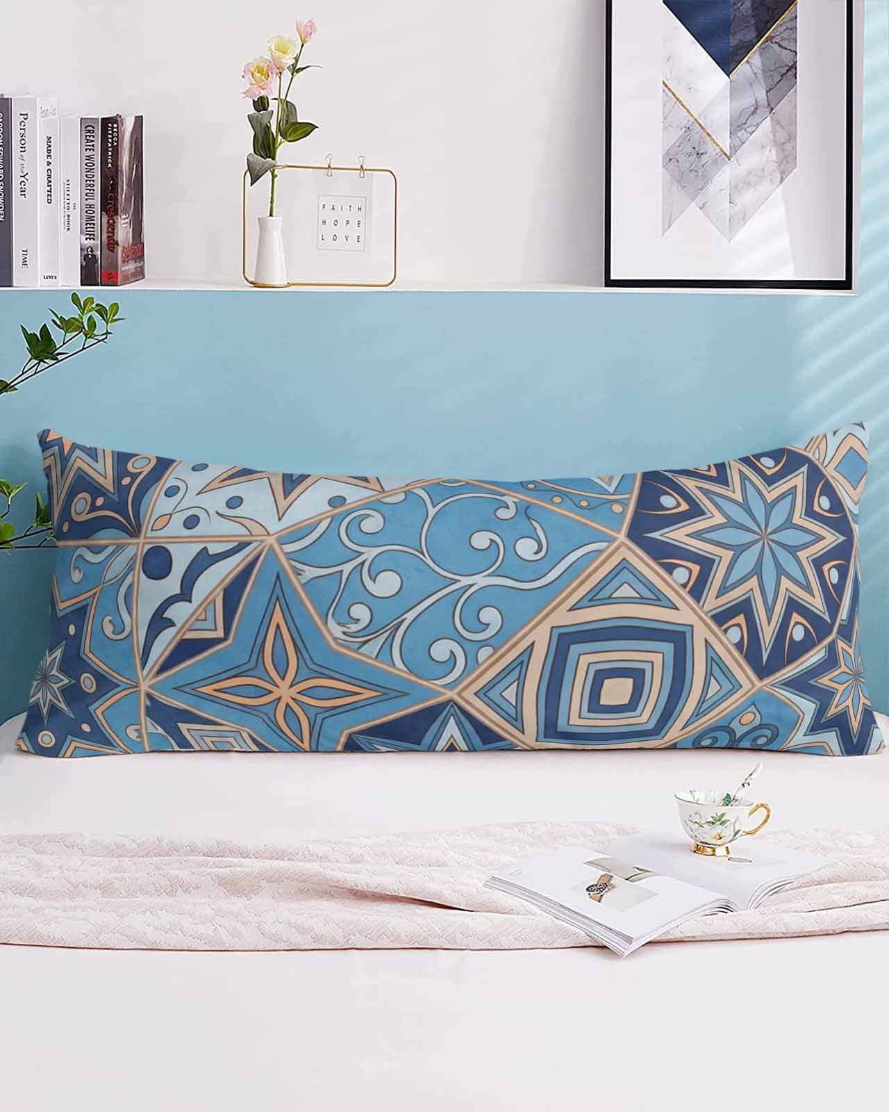 Blue Boho Geometric Body Pillow Case Cover - Microfiber Bed Throw ...