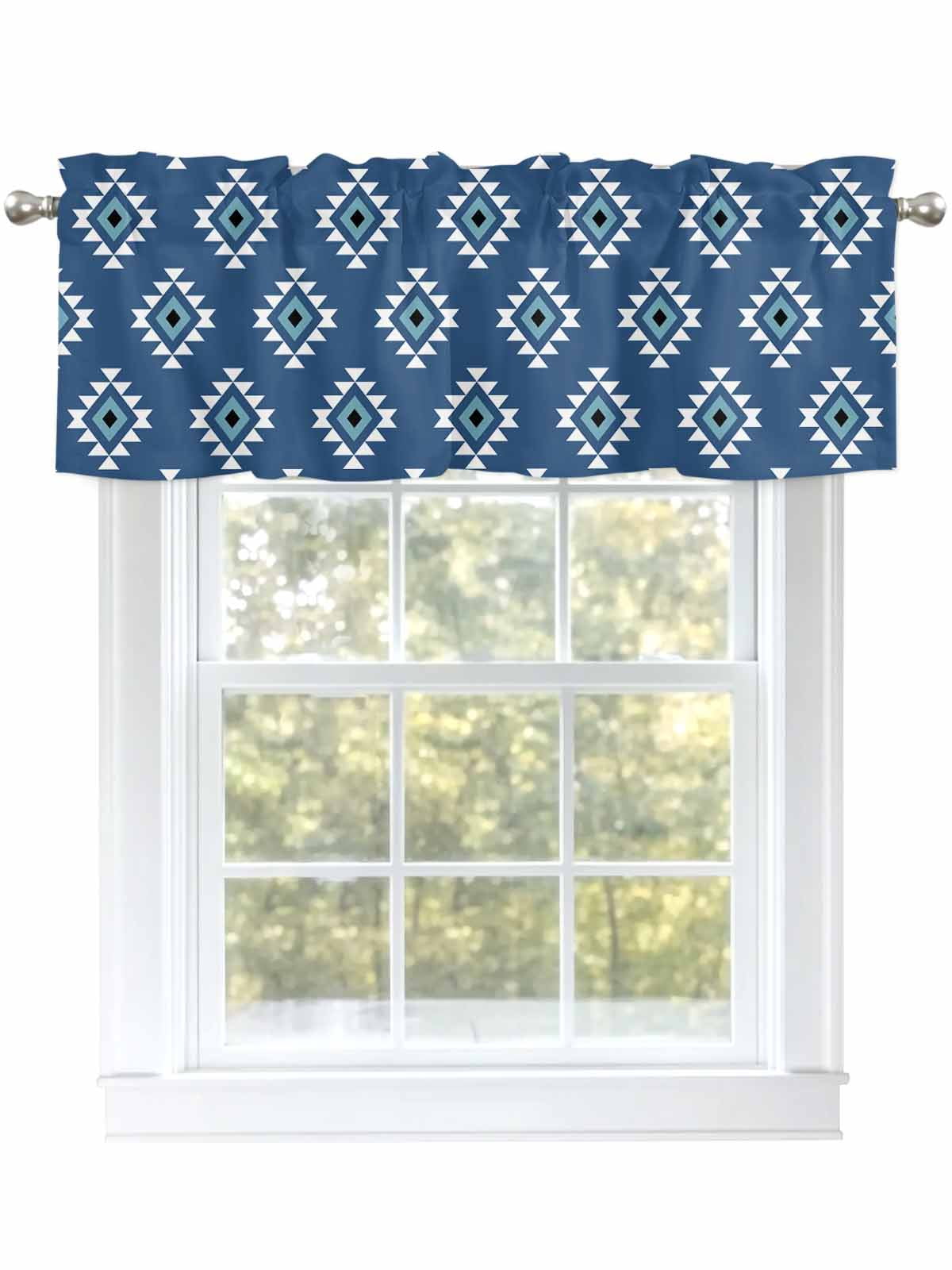 Blue Boho Geometric Curtain Valances for Windows, Farmhouse Southwest ...