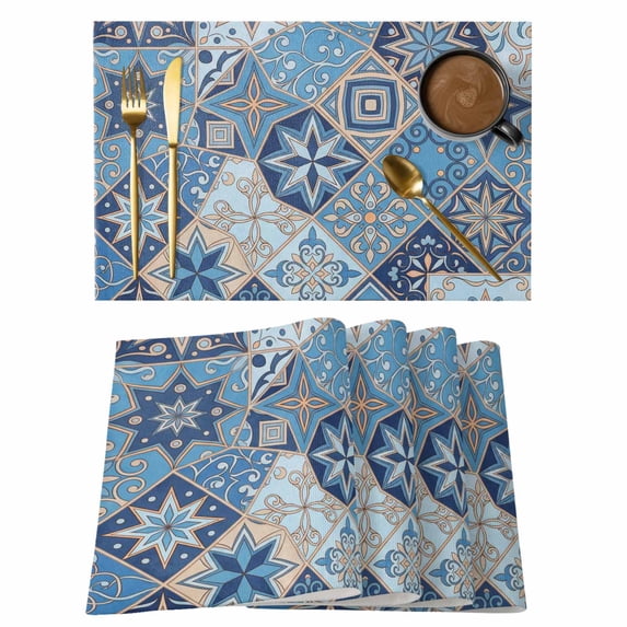 Blue Boho Geometric Placemats Set of 6 Ethnic Aztec Abstract ...