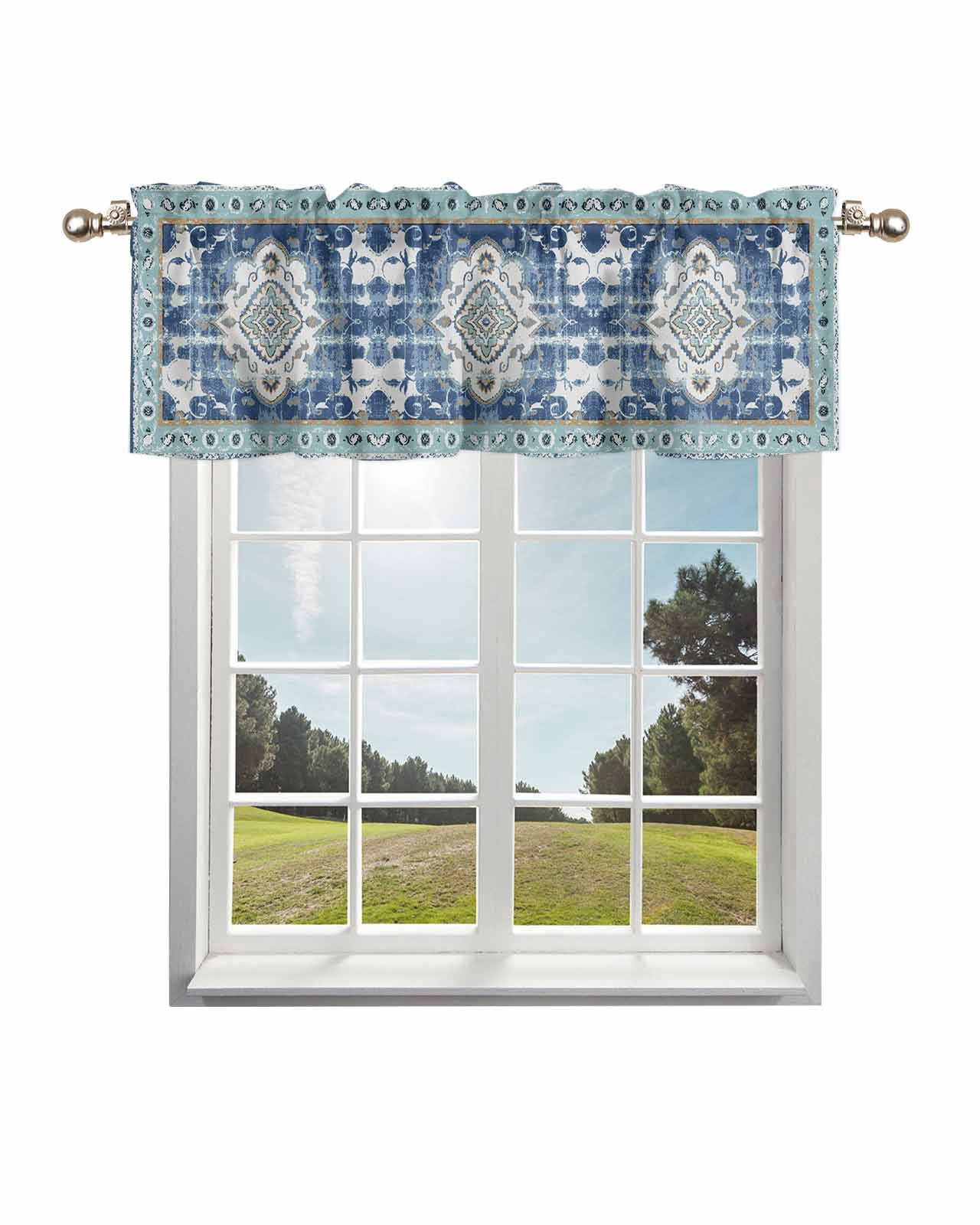 Blue Boho Kitchen Curtain Valances for Windows Farmhouse Short Curtains ...