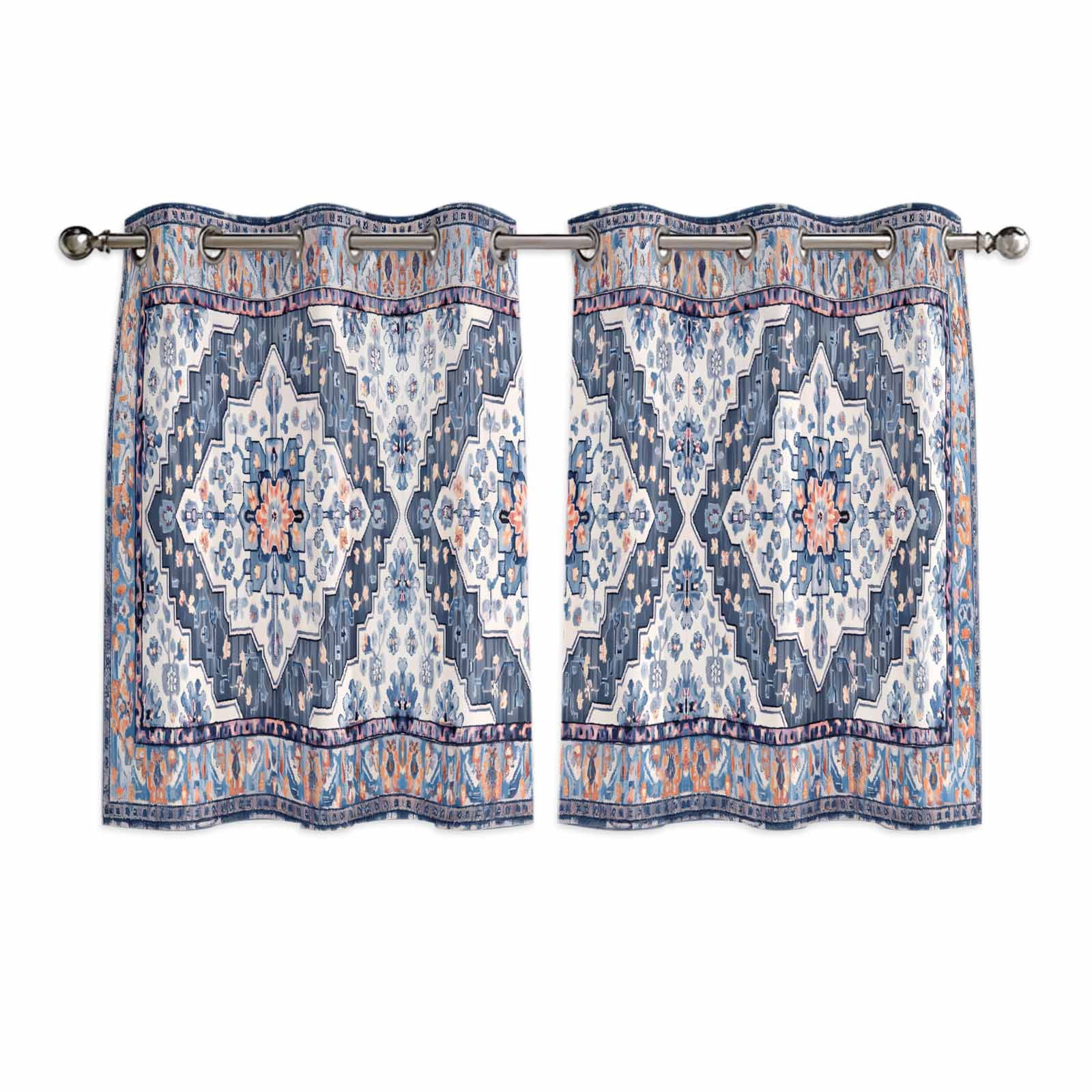 Blue Boho Kitchen Curtains Short 45 Inch Length, Ethnic Geometric ...