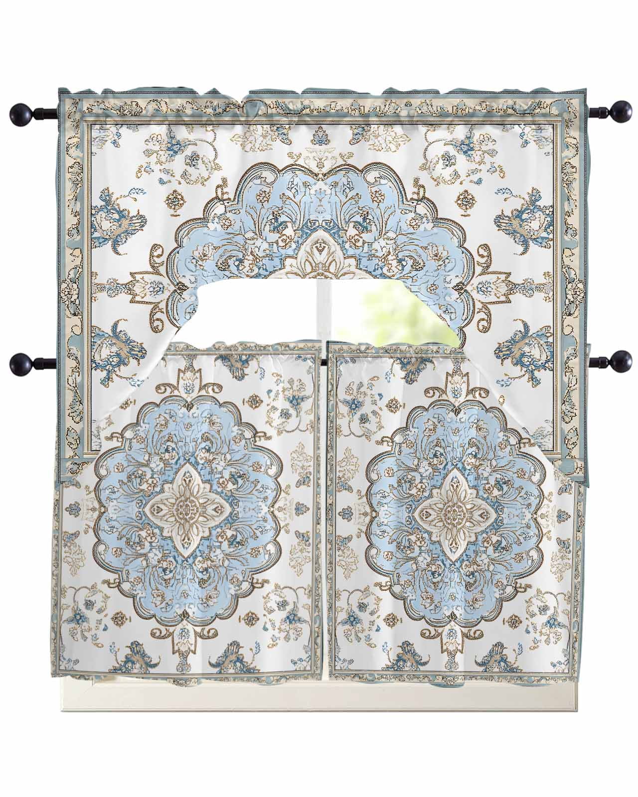 Blue Boho Kitchen Curtains Swag Valance and Tier Curtains Set 24 Inch Length, Luxury Ethnic ...