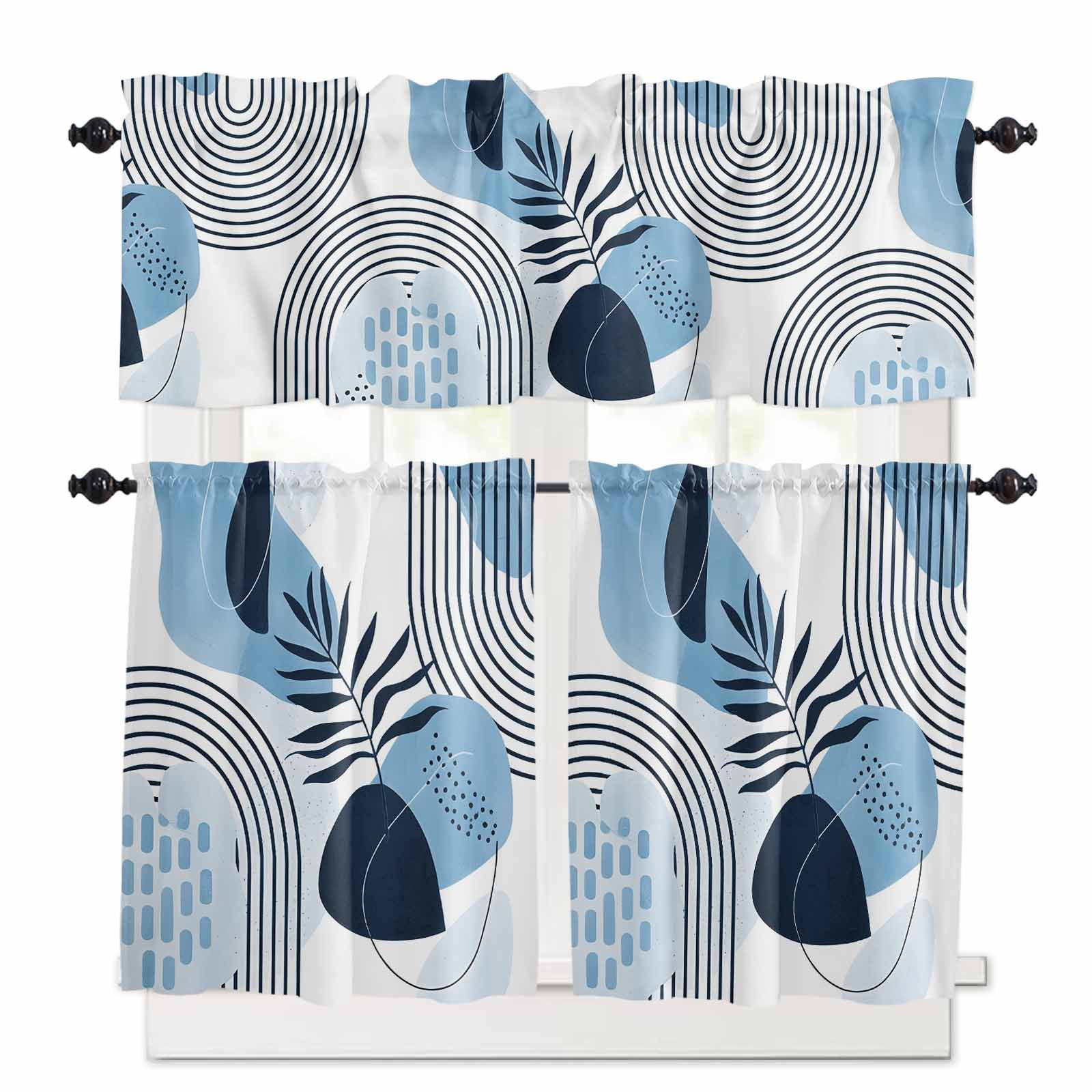 Blue Boho Kitchen Curtains Valance and Tier Set Medieval Leaves ...