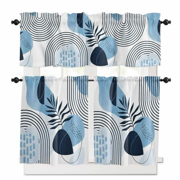 Blue Boho Kitchen Curtains Valance and Tier Set Medieval Leaves ...