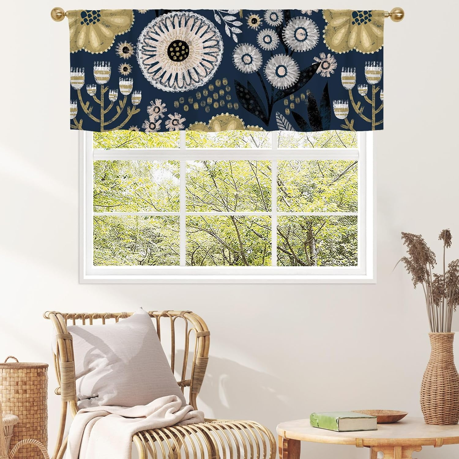 Blue Boho Kitchen Curtains Valances, Bohemian Flower Pattern Semi Sheer ...