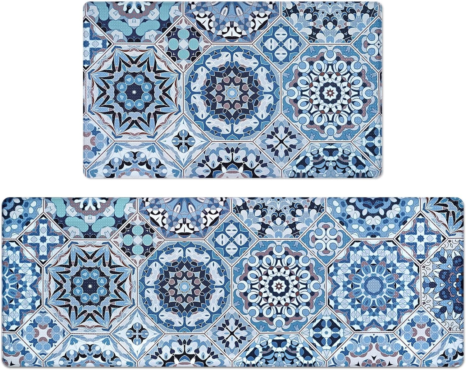 Blue Boho Kitchen Mats for Floor 2 Piece, Cushioned Anti Fatigue Mats ...