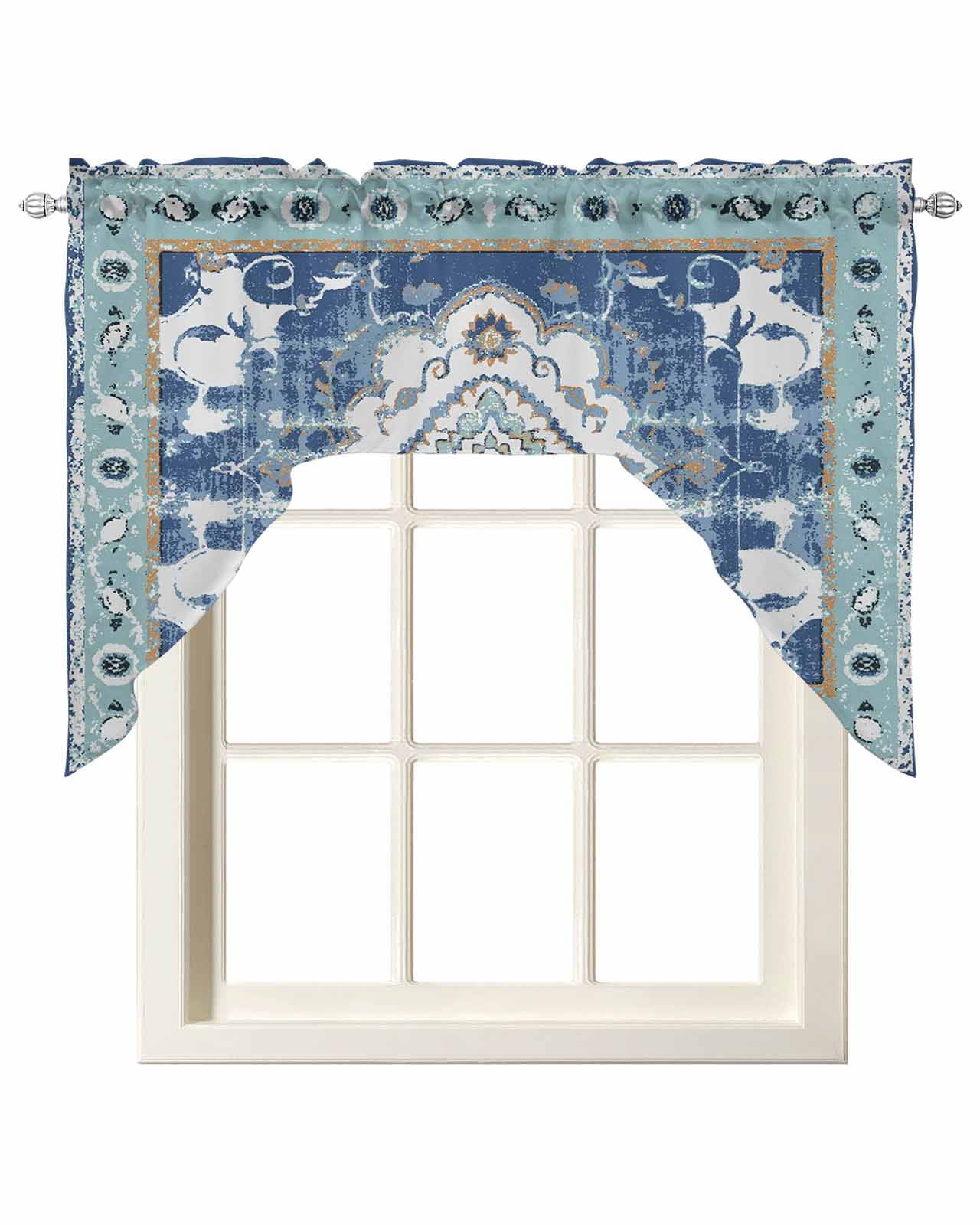 Blue Boho Kitchen Swag Valances for Windows, Farmhouse Bohemian ...