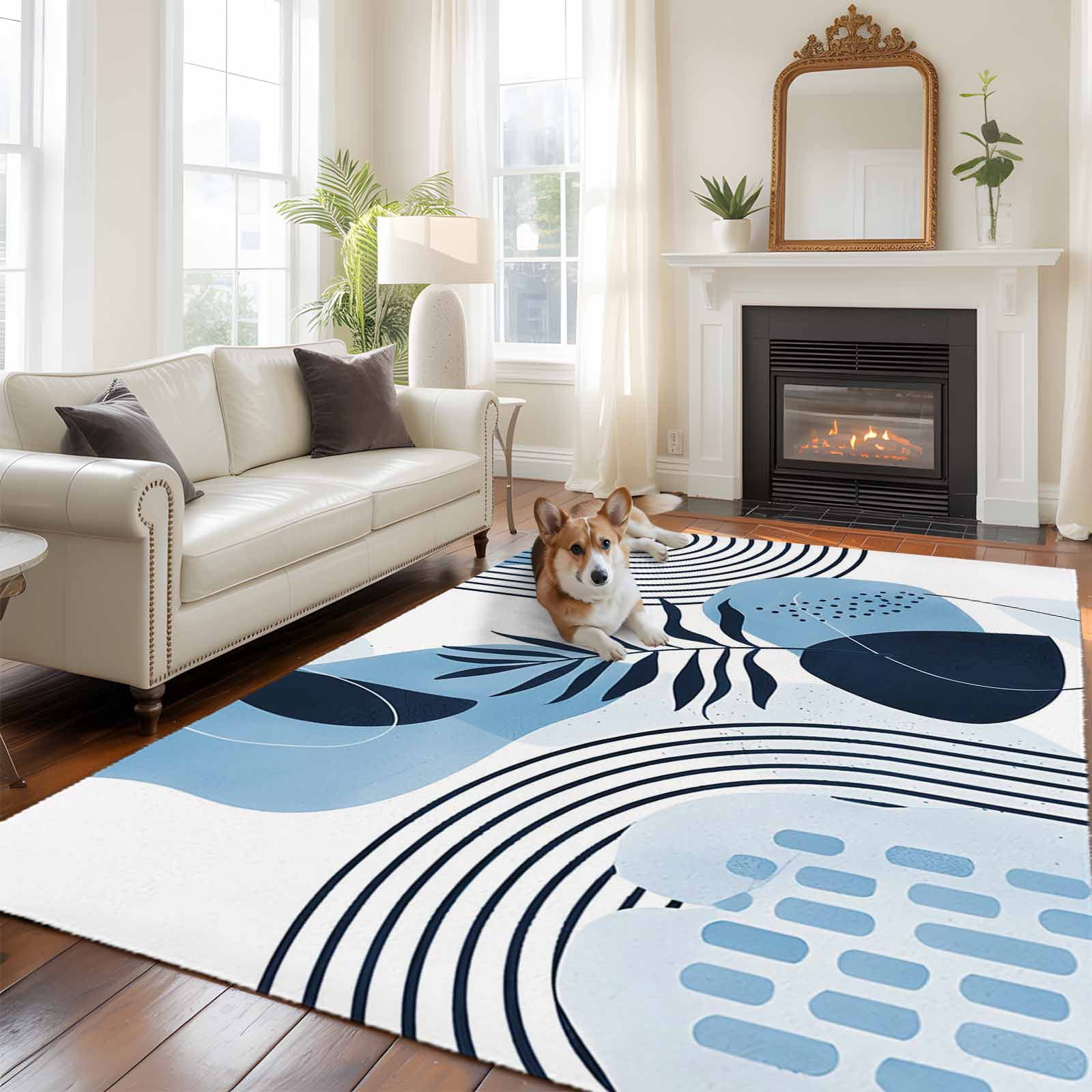 Blue Boho Large Area Rugs 5x8 ft Medieval Leaves Geometric Lines ...