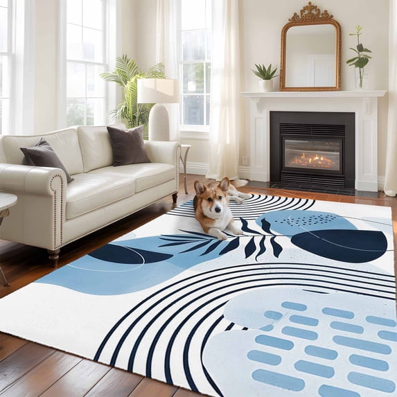 Blue Boho Large Area Rugs 5x8 ft Medieval Leaves Geometric Lines ...