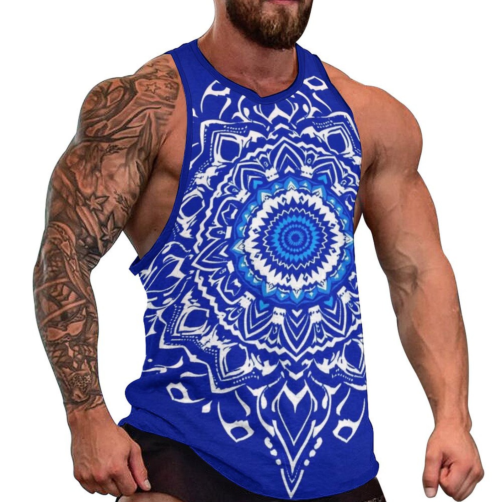 Blue Boho Mandala Sleeveless Sports Men's Tank Top Holiday Round Neck ...