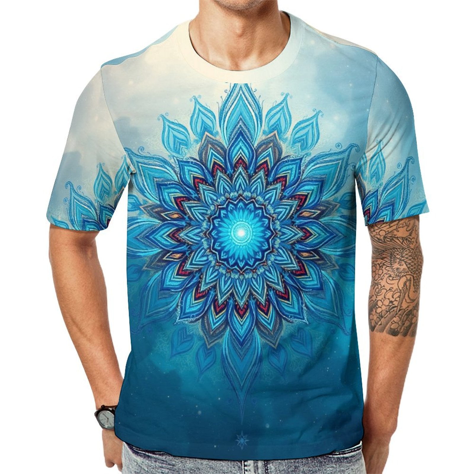 Blue Boho Mandala T-shirt For Men T-Shirts Summer Round Neck Tees Tops ...