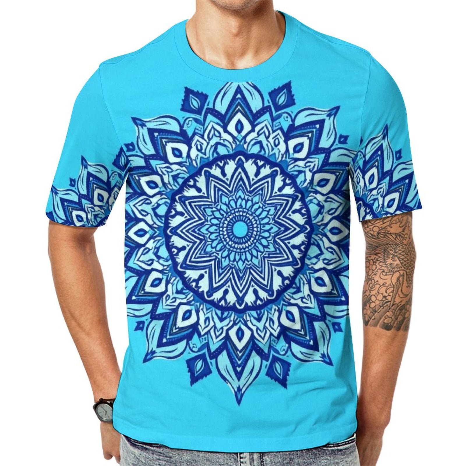 Blue Boho Mandala T-shirt For Men T-Shirts Summer Round Neck Tees Tops ...