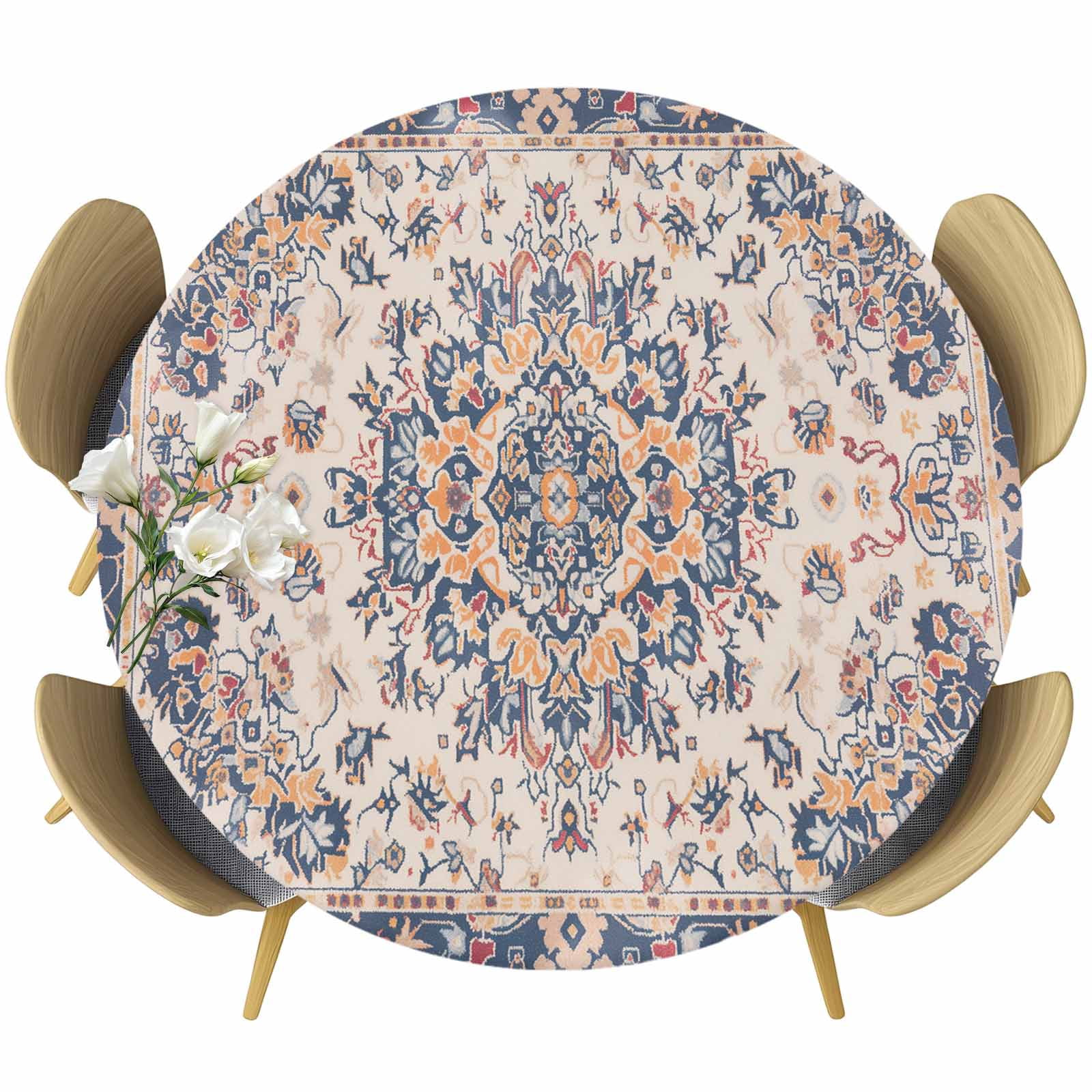 Blue Boho Orange Round Tablecloth 36-44 Inch Round Fitted Table Cloth ...
