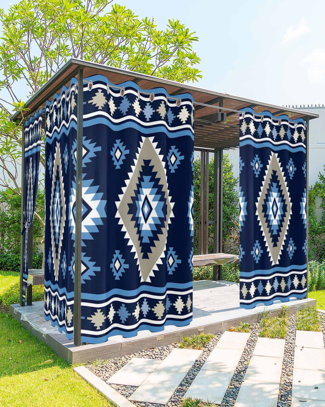 Blue Boho Outdoor Curtains for Patio, Farmhouse Neutral Abstract ...