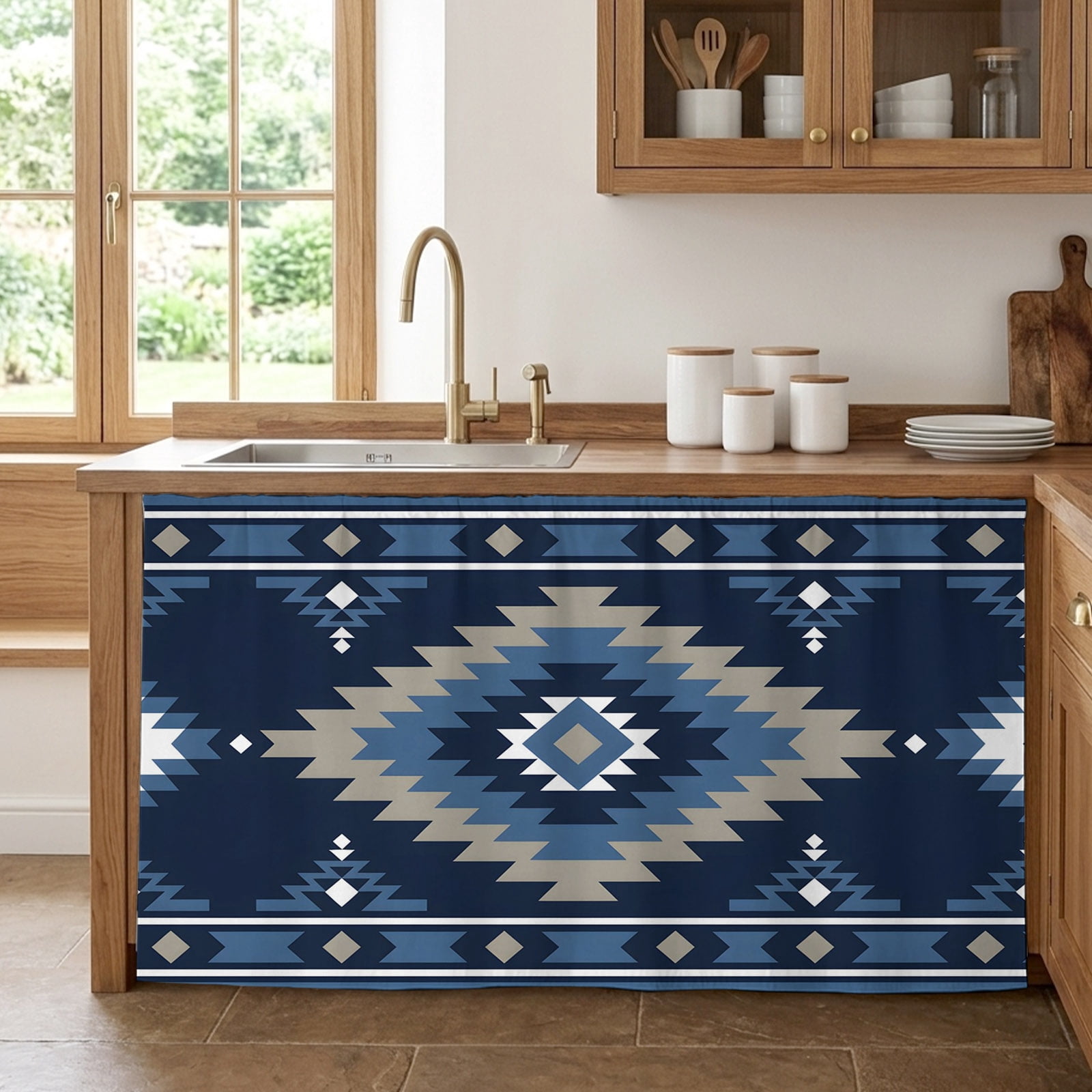 Blue Boho Pantry Cabinet Curtains 28''x51'', Aztec Southwest Abstract ...