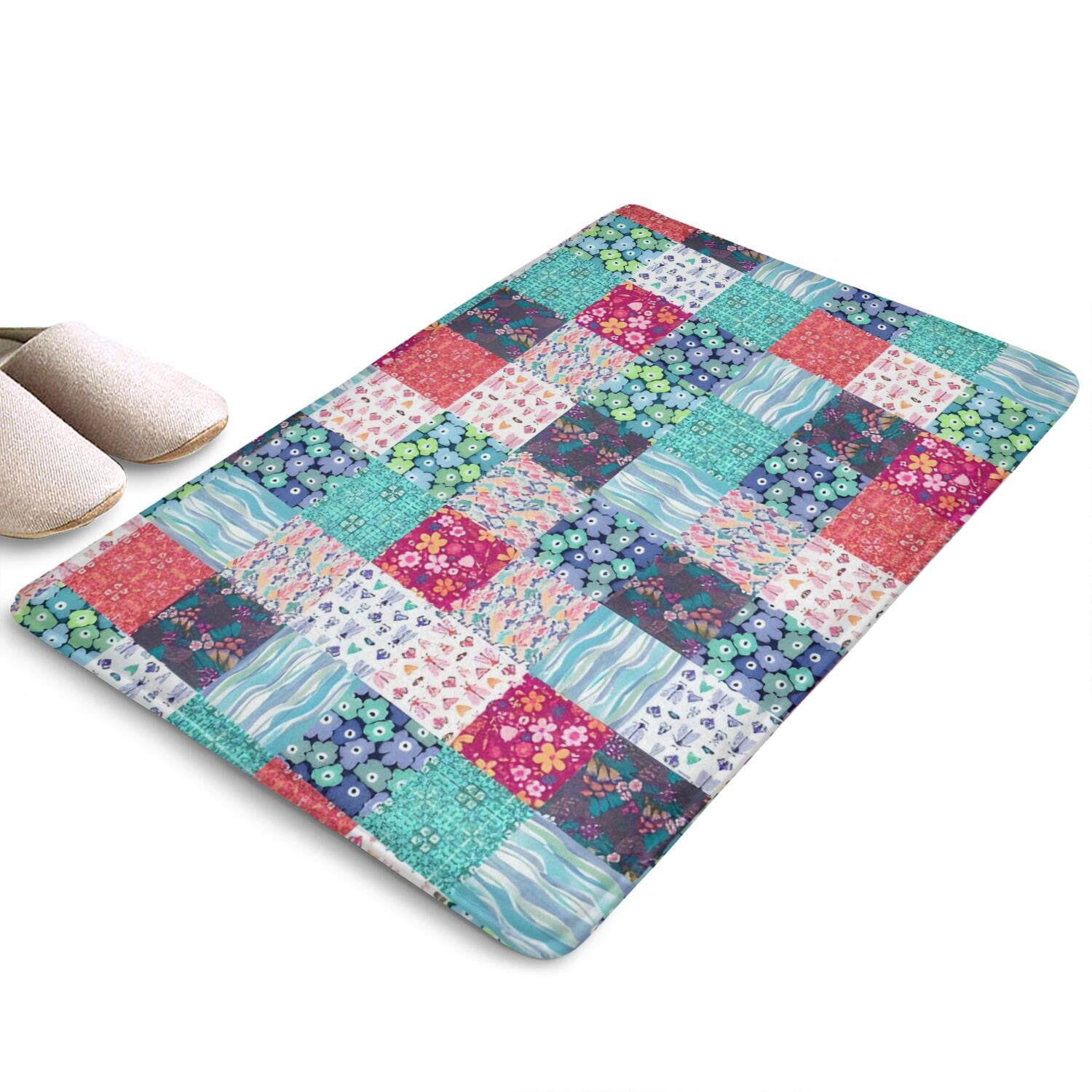 Blue Boho Pioneer Flower Patchwork Flannel Non Slip Door Rugs,Washable ...