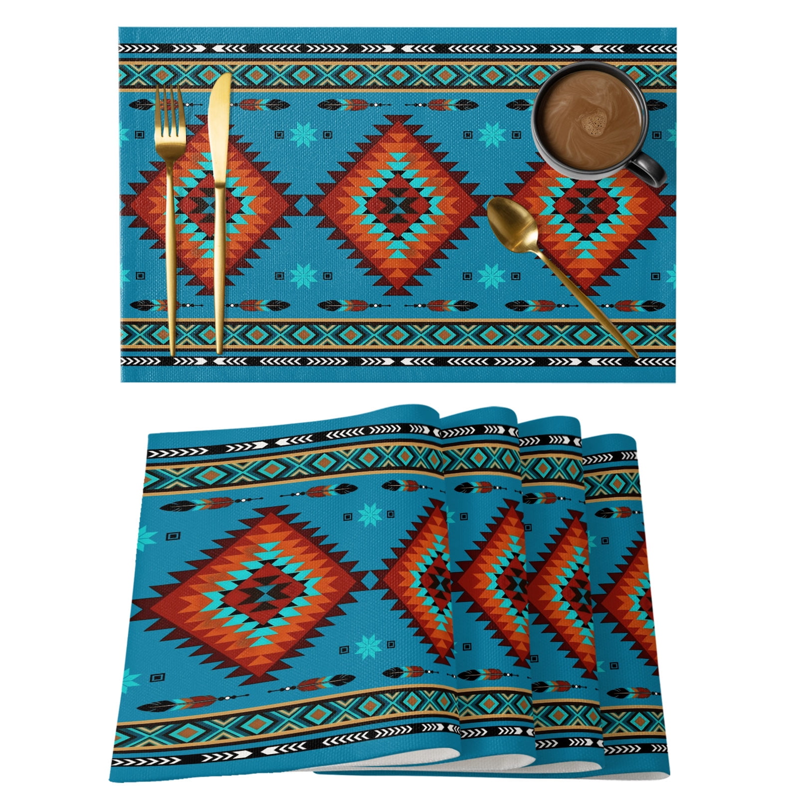Blue Boho Placemats Set of 12 Abstract Art Ethnic Tribe Diamond ...