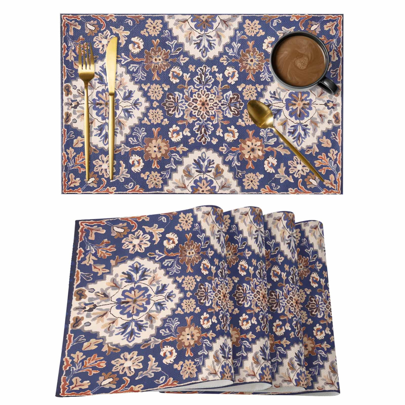 Blue Boho Placemats Set of 12 Farmhouse Neutral Flowers Pattern ...