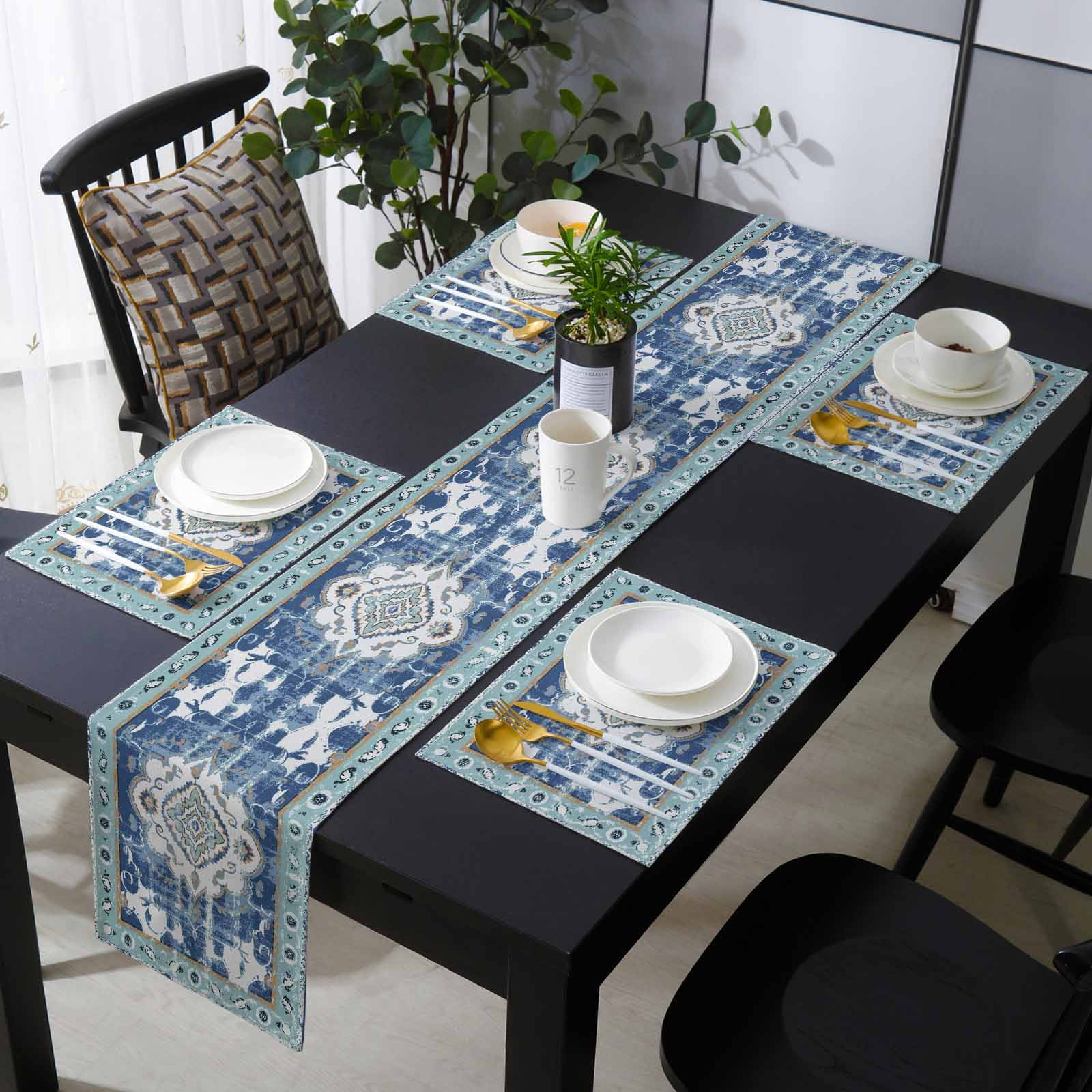Blue Boho Placemats Set of 6 with 72 Inches Long Table Runners ...