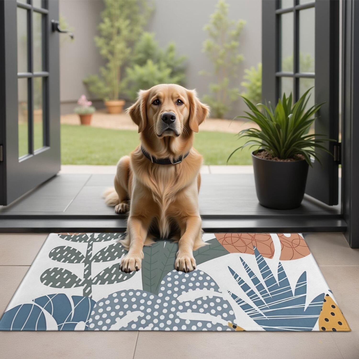 Blue Boho Plant Pattern Door Rugs,Washable Non Slip Door Mats Indoor ...