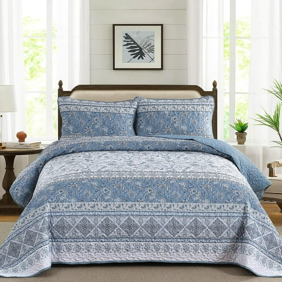 Blue Boho Quilt Set King Size Striped Bedspread Floral Bedding Set 3 ...