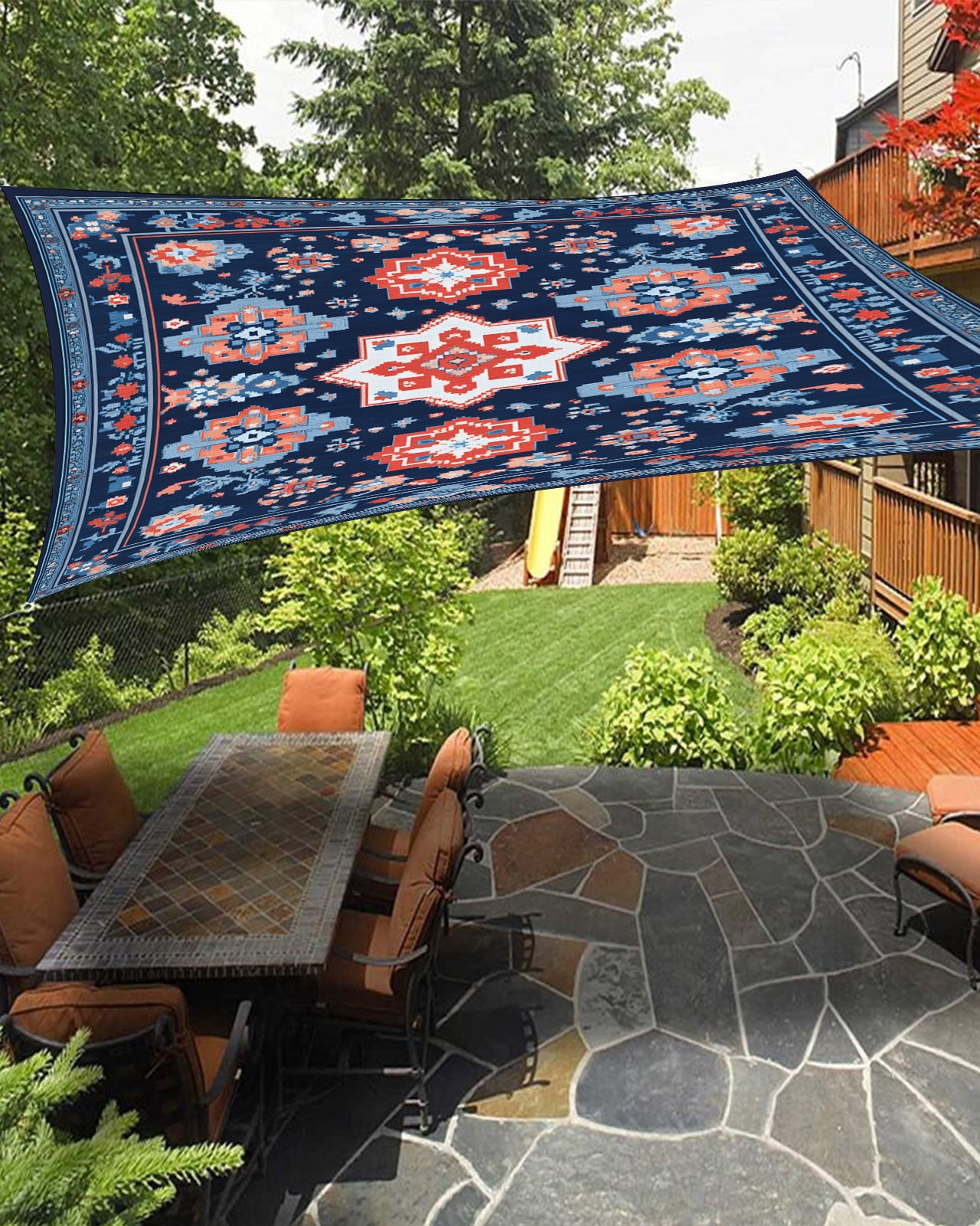 Blue Boho Retro Geometric Sun Shade Sail 8'X10' Ethnic Abstract Pattern ...