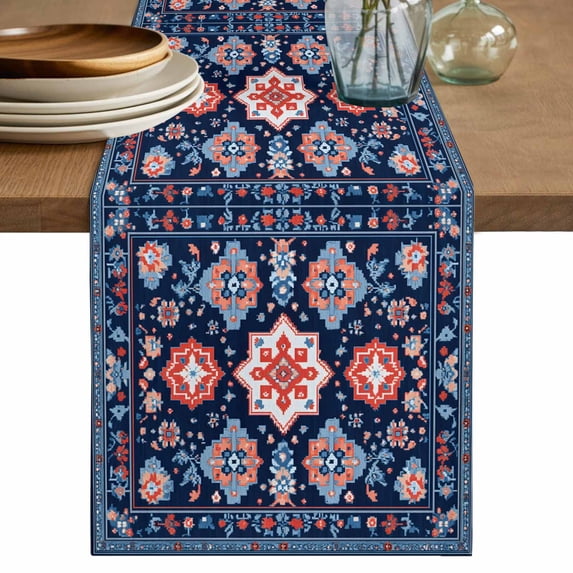 Blue Boho Retro Geometric Table Runner, Ethnic Abstract Pattern Cotton ...