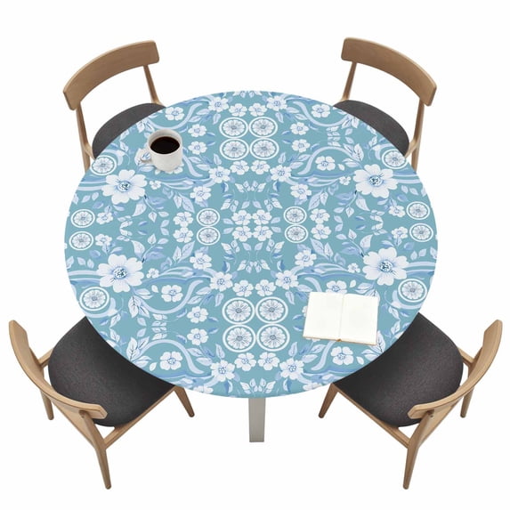 Blue Boho Round Fitted Tablecloth with Elastic Edge Vintage Leaf ...