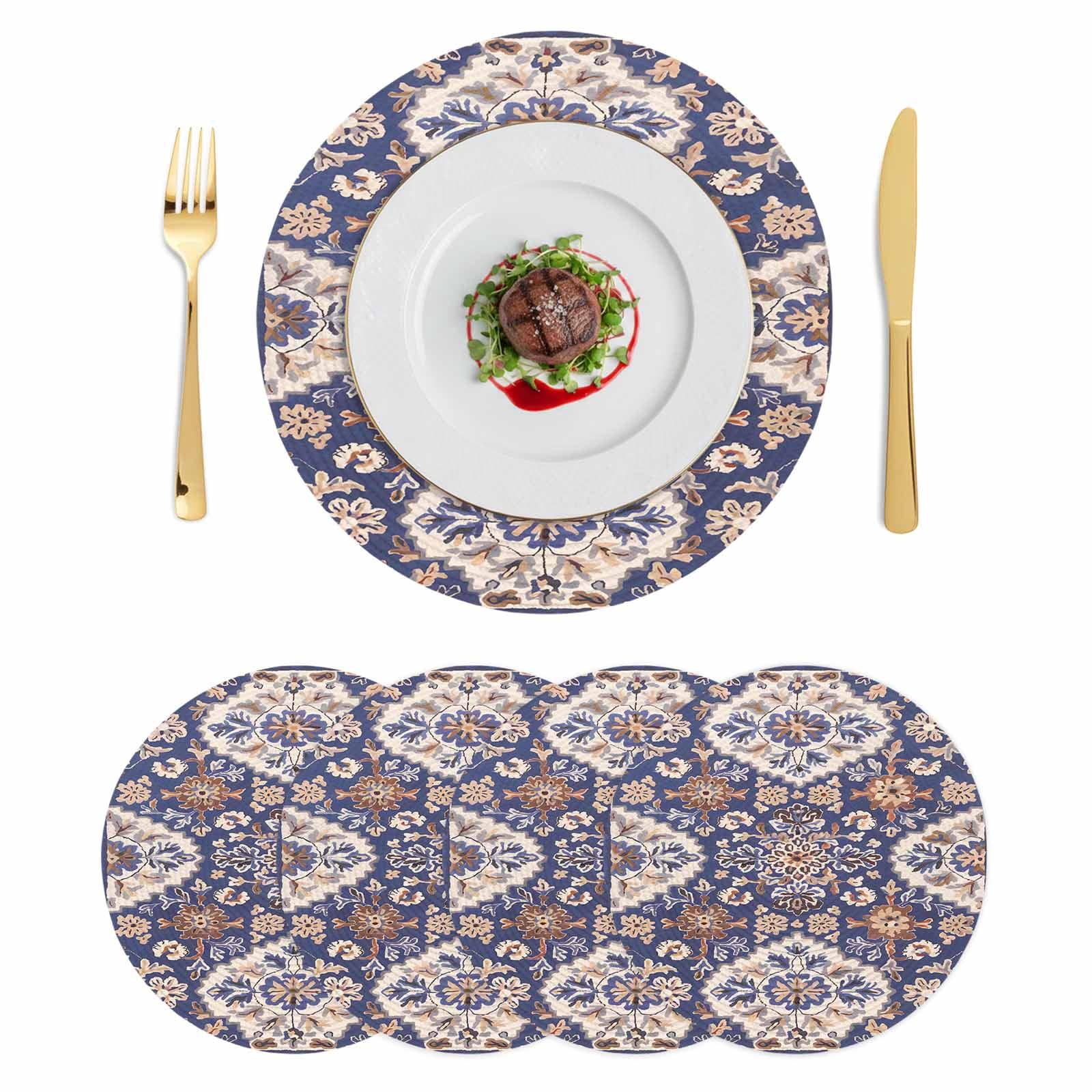 Blue Boho Round Placemats Set of 4 Farmhouse Neutral Flowers Pattern ...