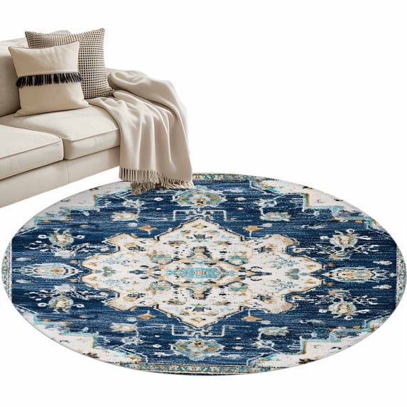 Blue Boho Round Rug 4ft Washable Circle Entryway Rugs Non Slip ...