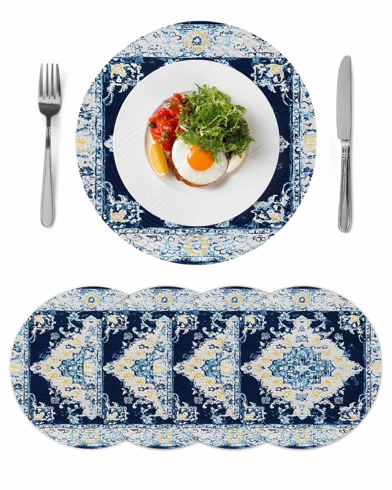 Blue Boho Round Table Placemats set of 4, Vintage Bohemian Geometric ...