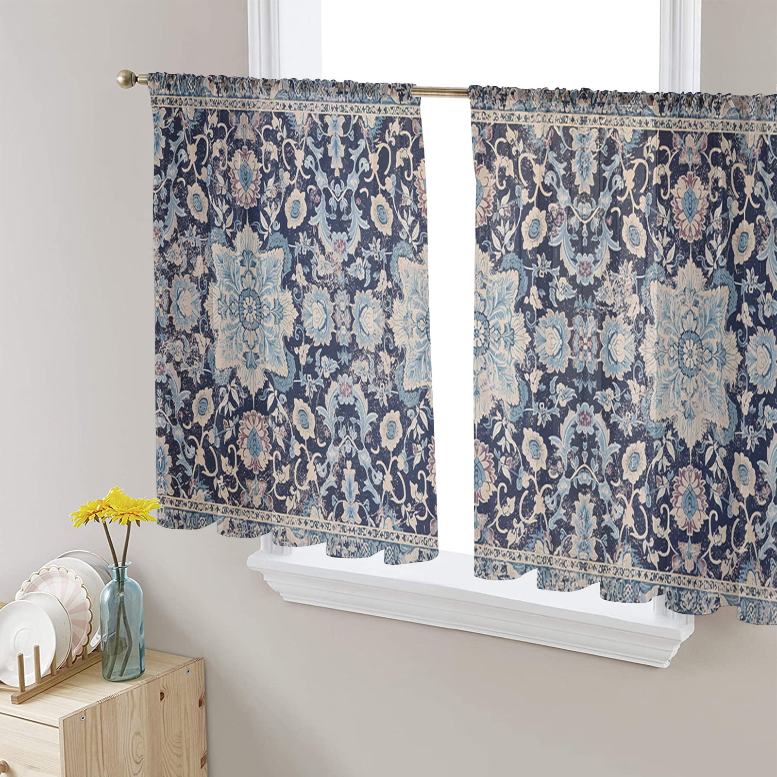 Blue Boho Sheer Curtains 45 Inch Length 2 Panels Set for Living Room ...