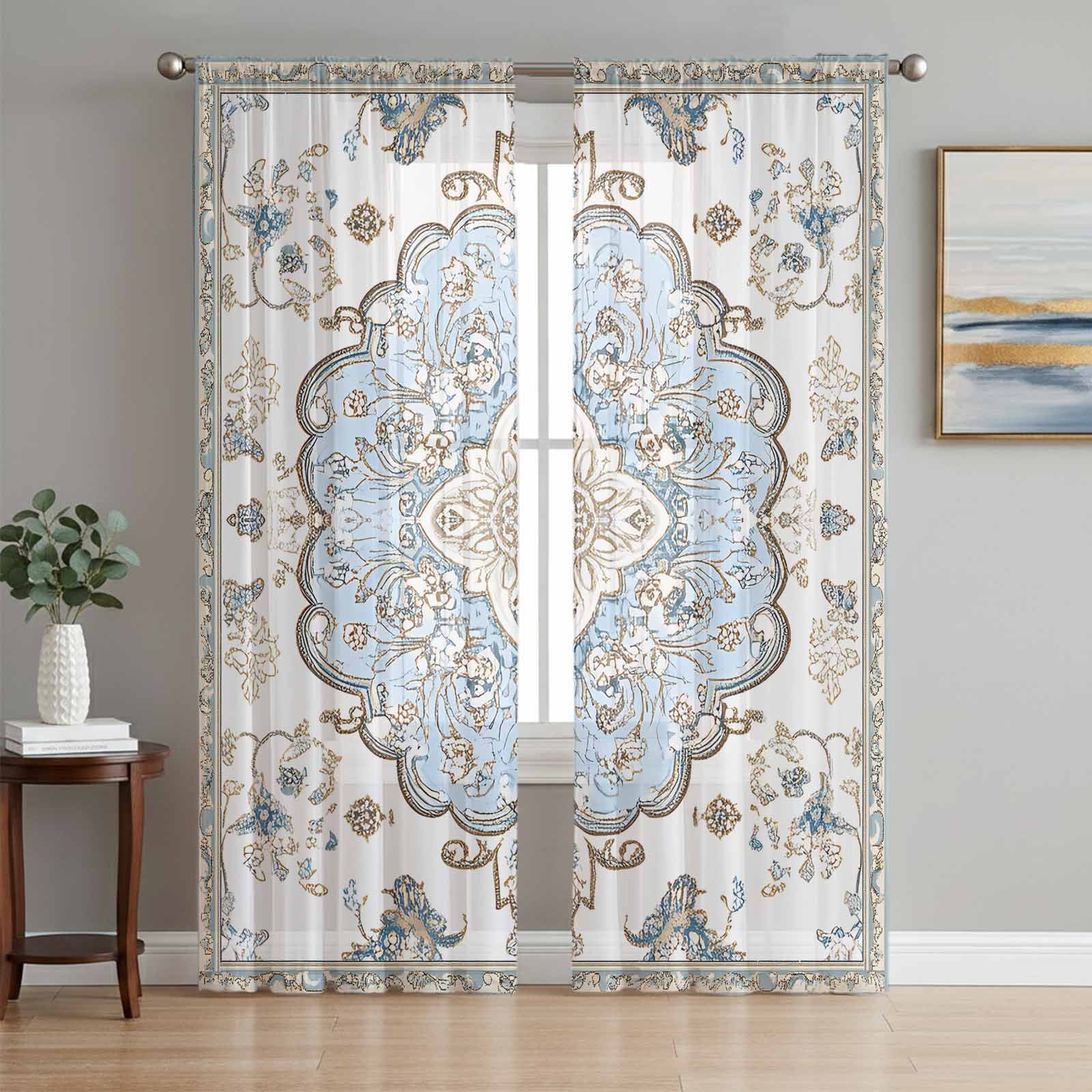 Blue Boho Sheer Curtains 72 Inch Length 2 Panels Set, Luxury Ethnic ...