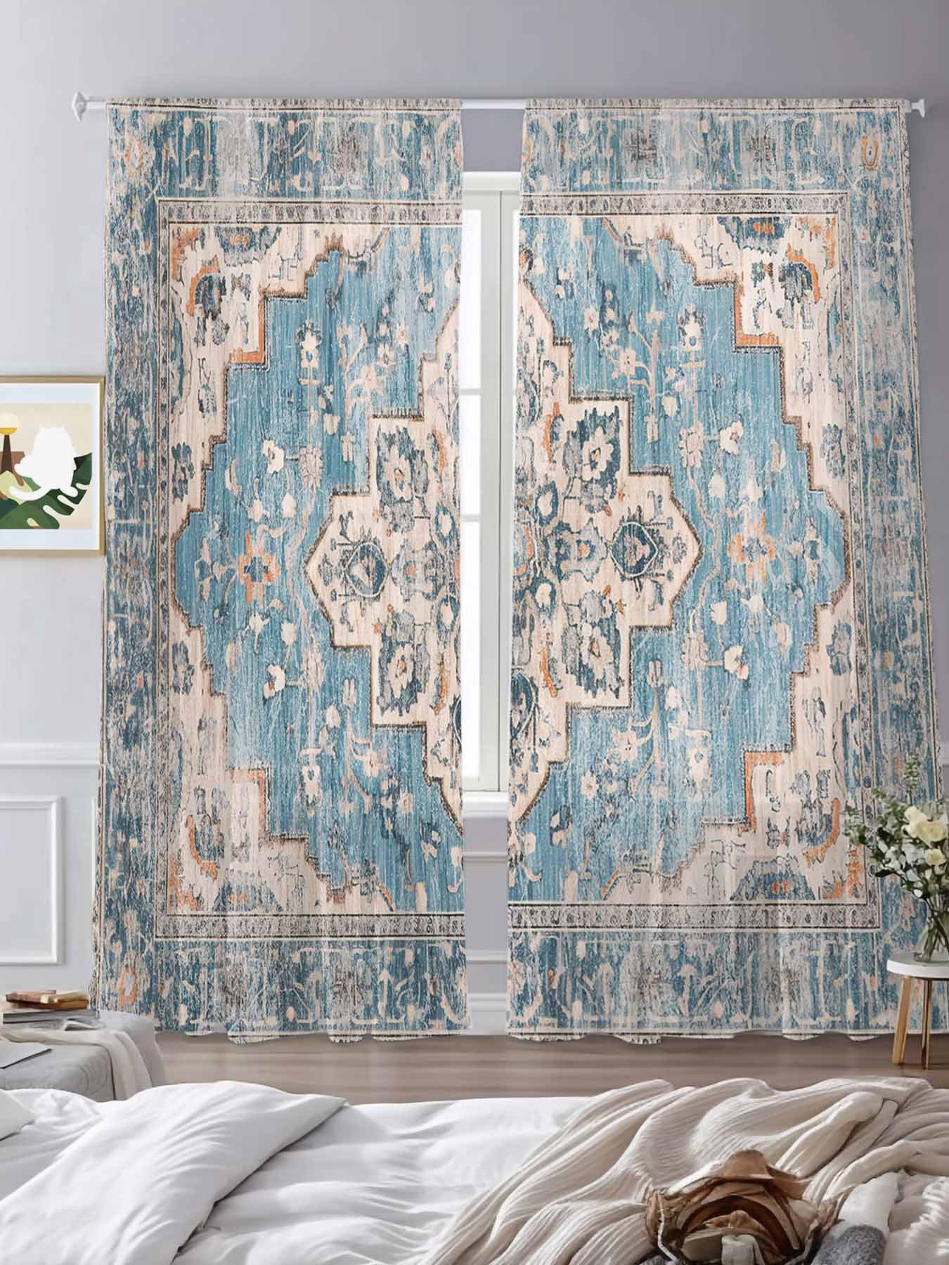 Blue Boho Sheer Curtains 84 inches Long 2 Panels Set Oriental Medallion ...