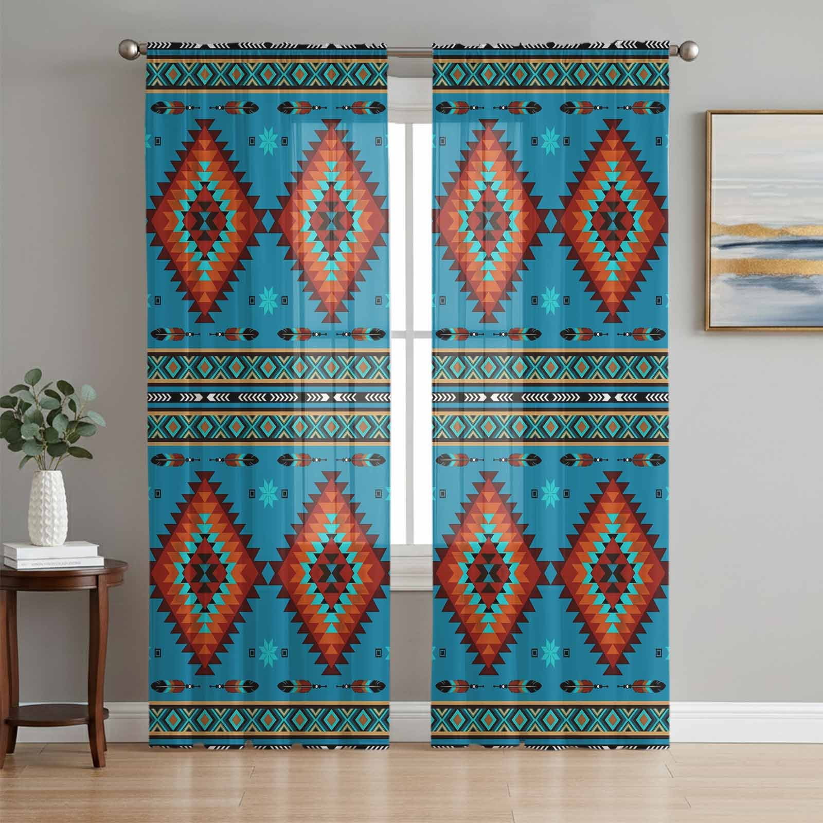 Blue Boho Sheer Curtains for Living Room Bedroom Abstract Art Ethnic ...