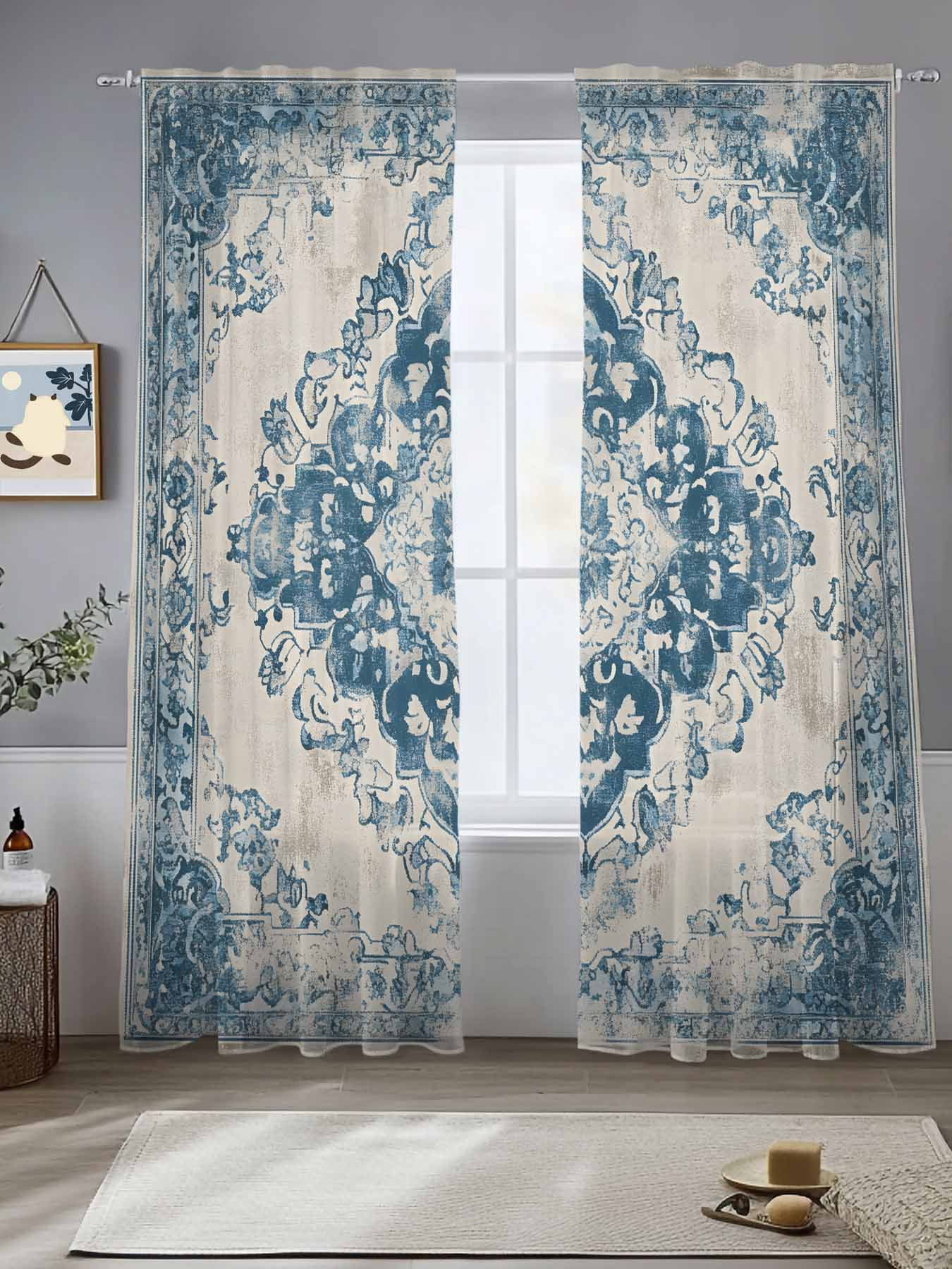 Blue Boho Sheer Curtains for Living Room Bedroom Retro Southwestern ...