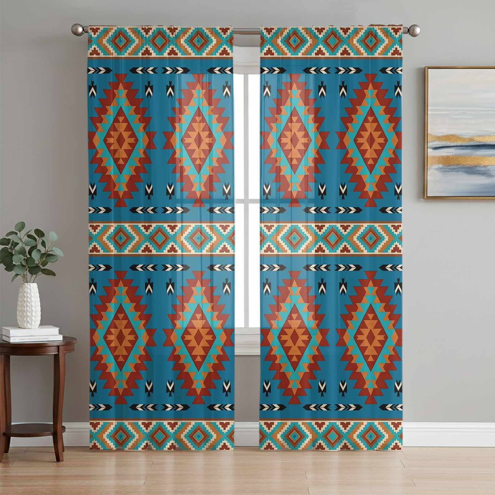 Blue Boho Sheer Curtains for Living Room Bedroom Tribal Diamond Rows ...