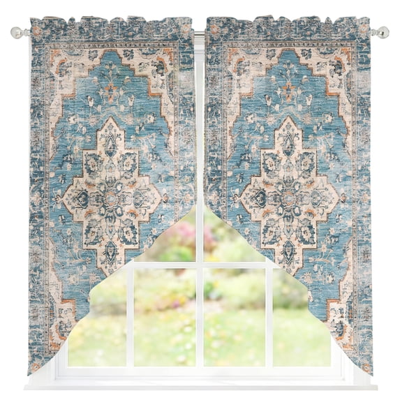 Blue Boho Sheer Curtains Swag Valances for Windows Oriental Medallion ...