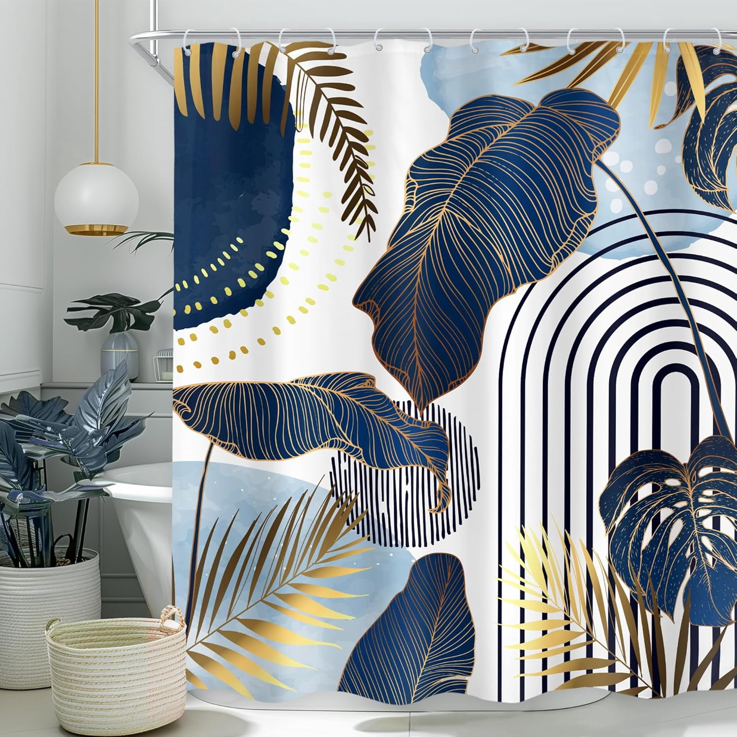 Blue Boho Shower Curtain Modern Tropical Abstract Emerald Gold Leaves ...