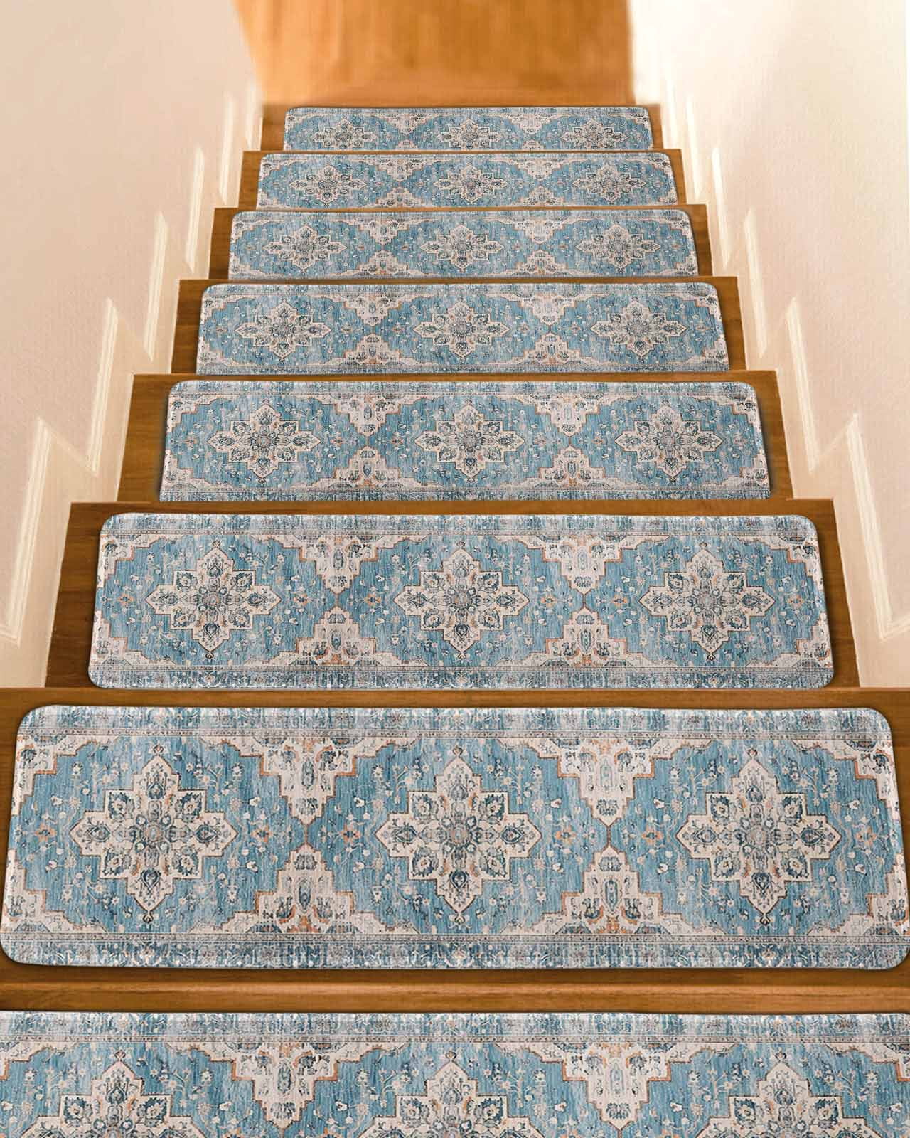 Blue Boho Stair Treads for Wooden Steps Indoor Runner Rug Carpet ...