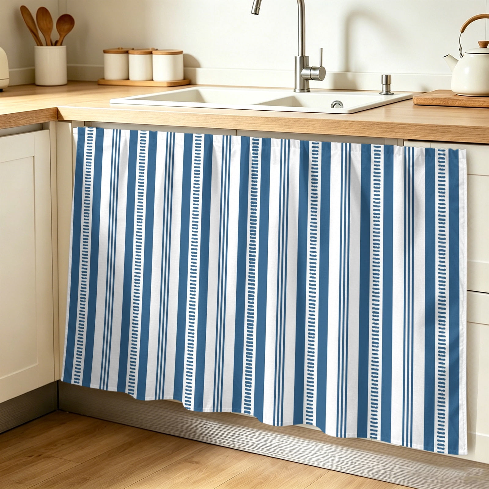 Blue Boho Striped Cabinet Curtains for Shelves, Modern Thin Line ...
