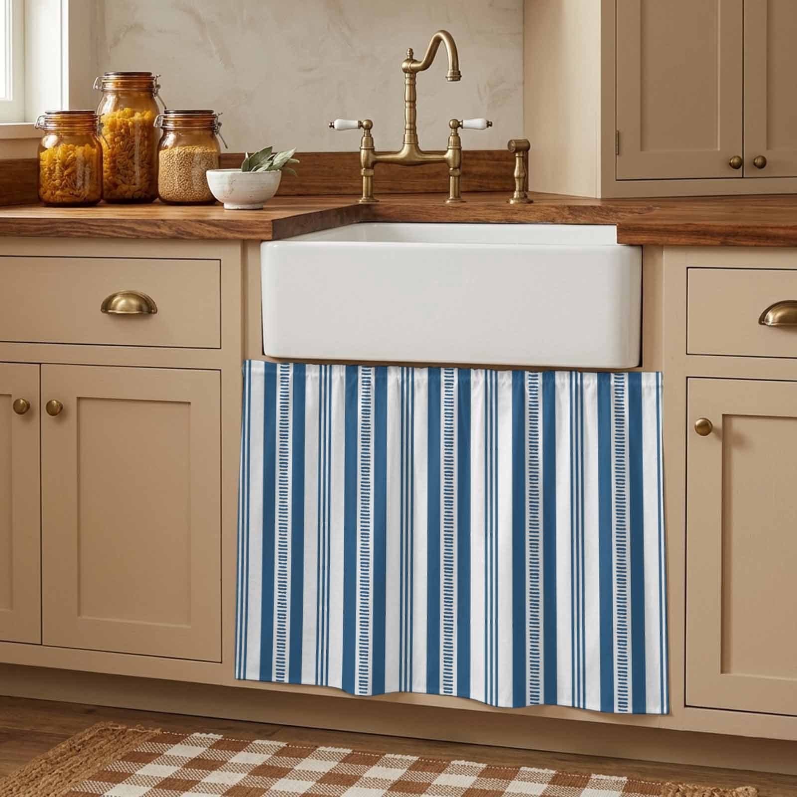 Blue Boho Striped Small Cabinet Curtains 10"W x 11"L, Modern Thin Line ...