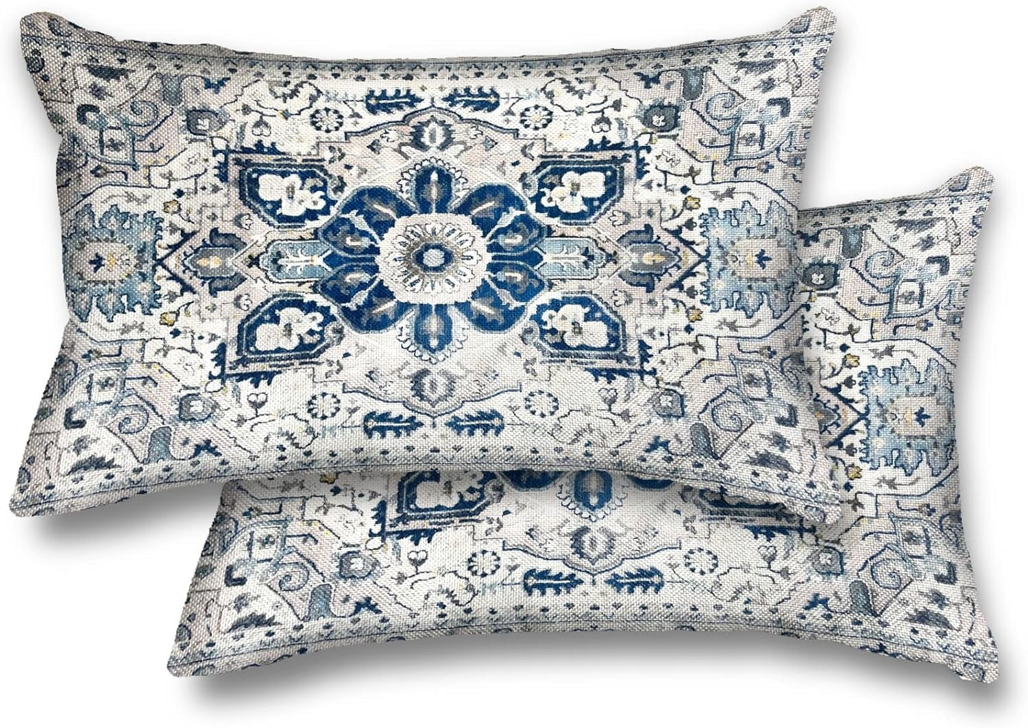 Blue Boho Style Throw Pillow Cover Set of 2 Ethnic Design Pattern Linen ...
