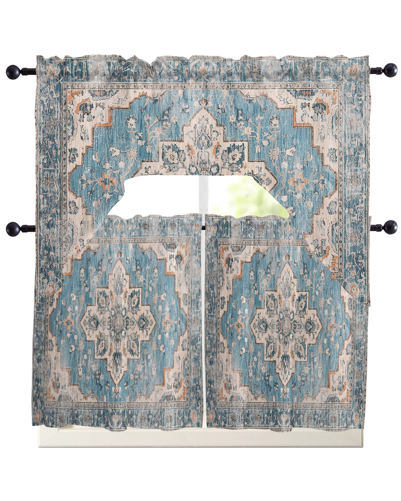 Blue Boho Swag Valance and Tier Curtains Set Oriental Medallion Retro ...