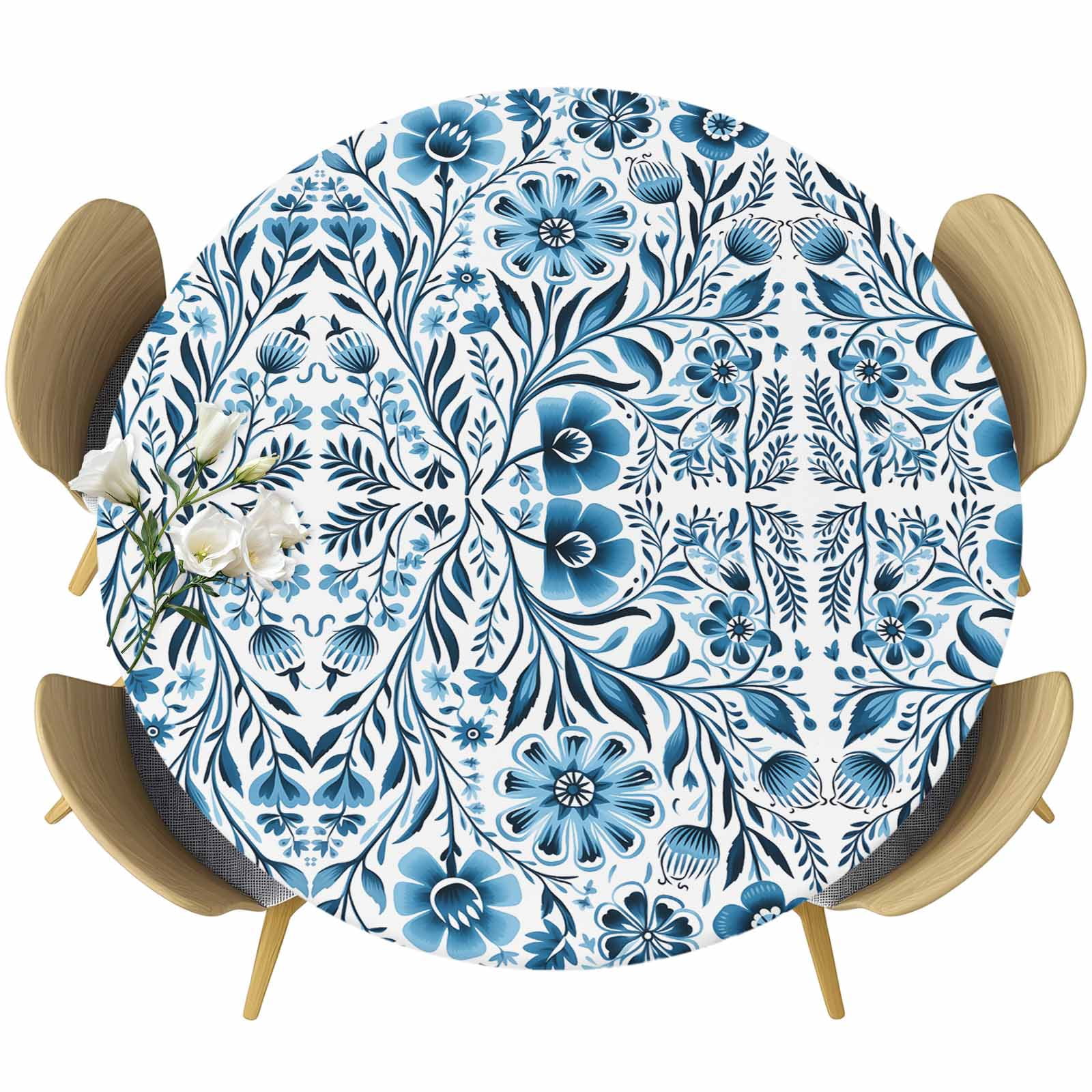 Blue Boho Table Cloth, Round Fitted Tablecloths with Elastic Edge ...