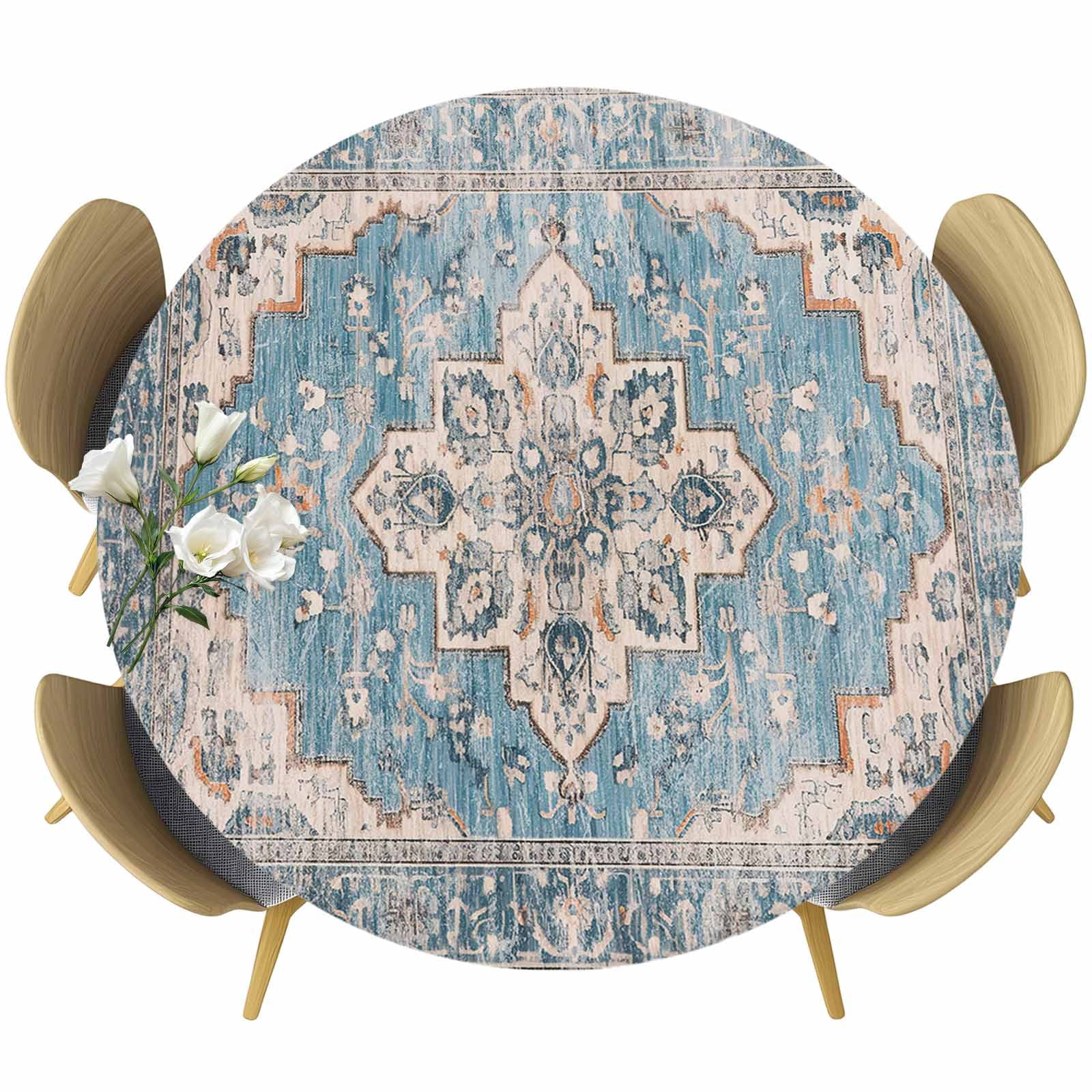 Blue Boho Table Cloth, Round Fitted Tablecloths with Elastic Edge ...