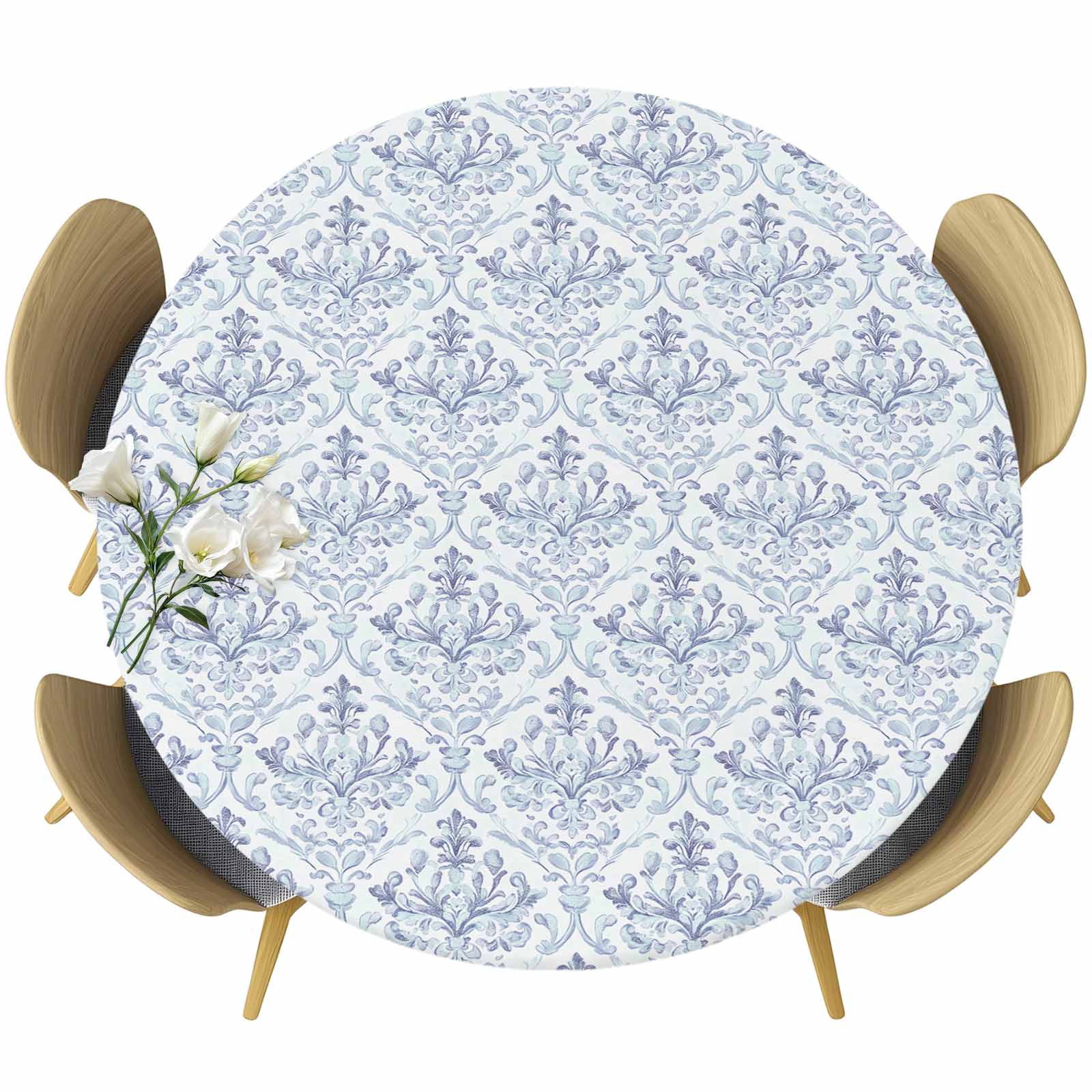 Blue Boho Table Cloth, Round Fitted Tablecloths with Elastic Edge ...