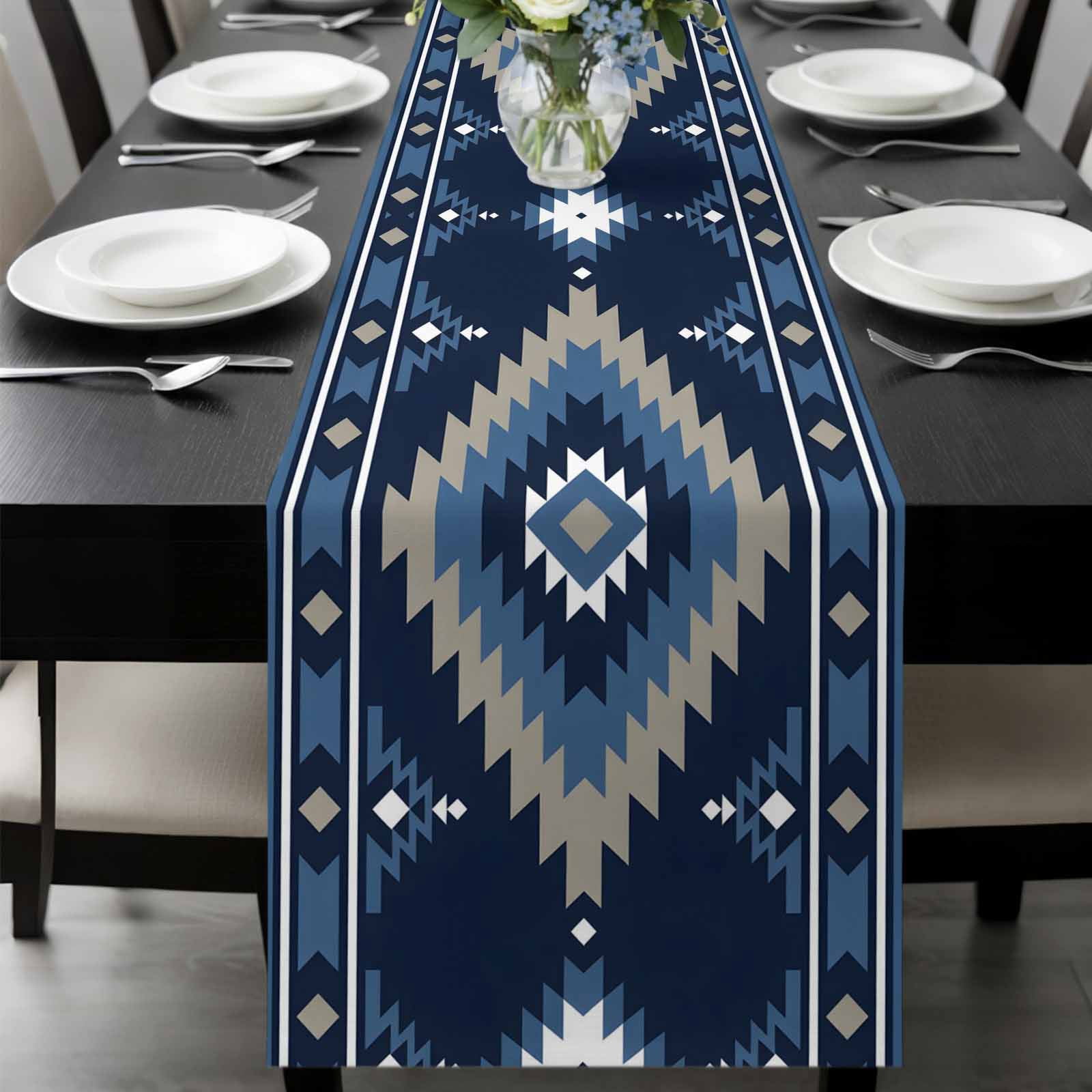 Blue Boho Table Runner 60 Inches Long, Aztec Southwest Abstract ...