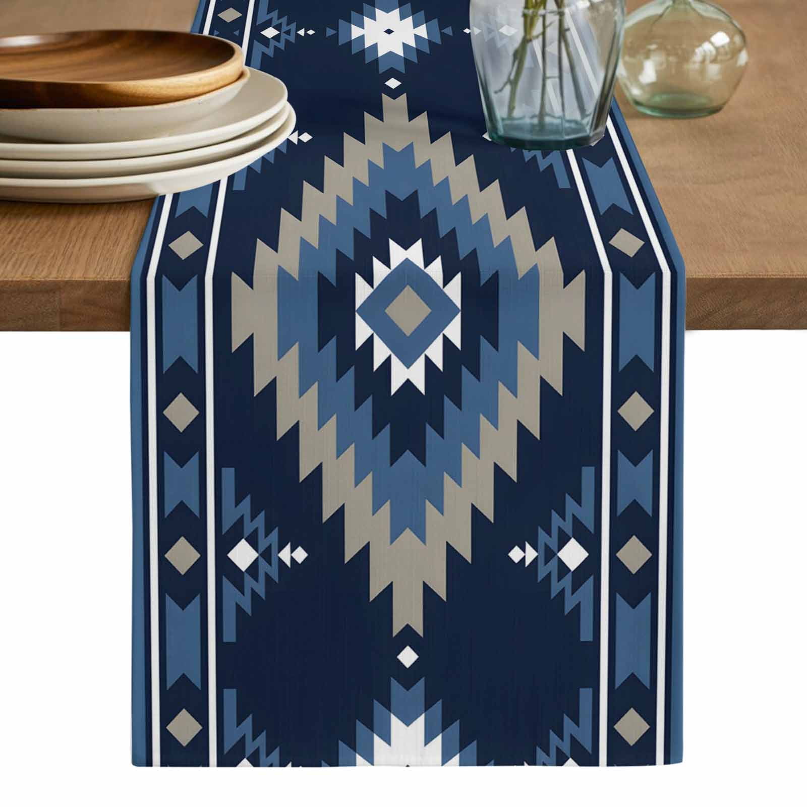 Blue Boho Table Runner, Aztec Southwest Abstract Geometric Motifs ...